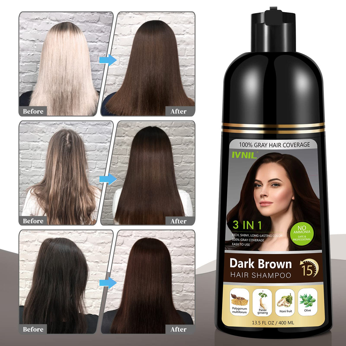Ivnil Dark Brown Hair Dye Shampoo Herbal Hair Color Shampoo 3 in 1 Per ...